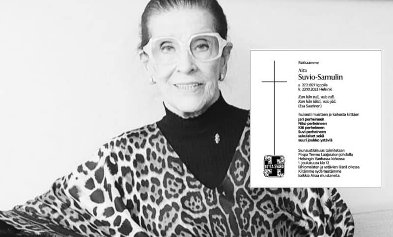 Aira Samulin kuolinilmoitus julki - Mukana Esa Saarisen koskettava runo